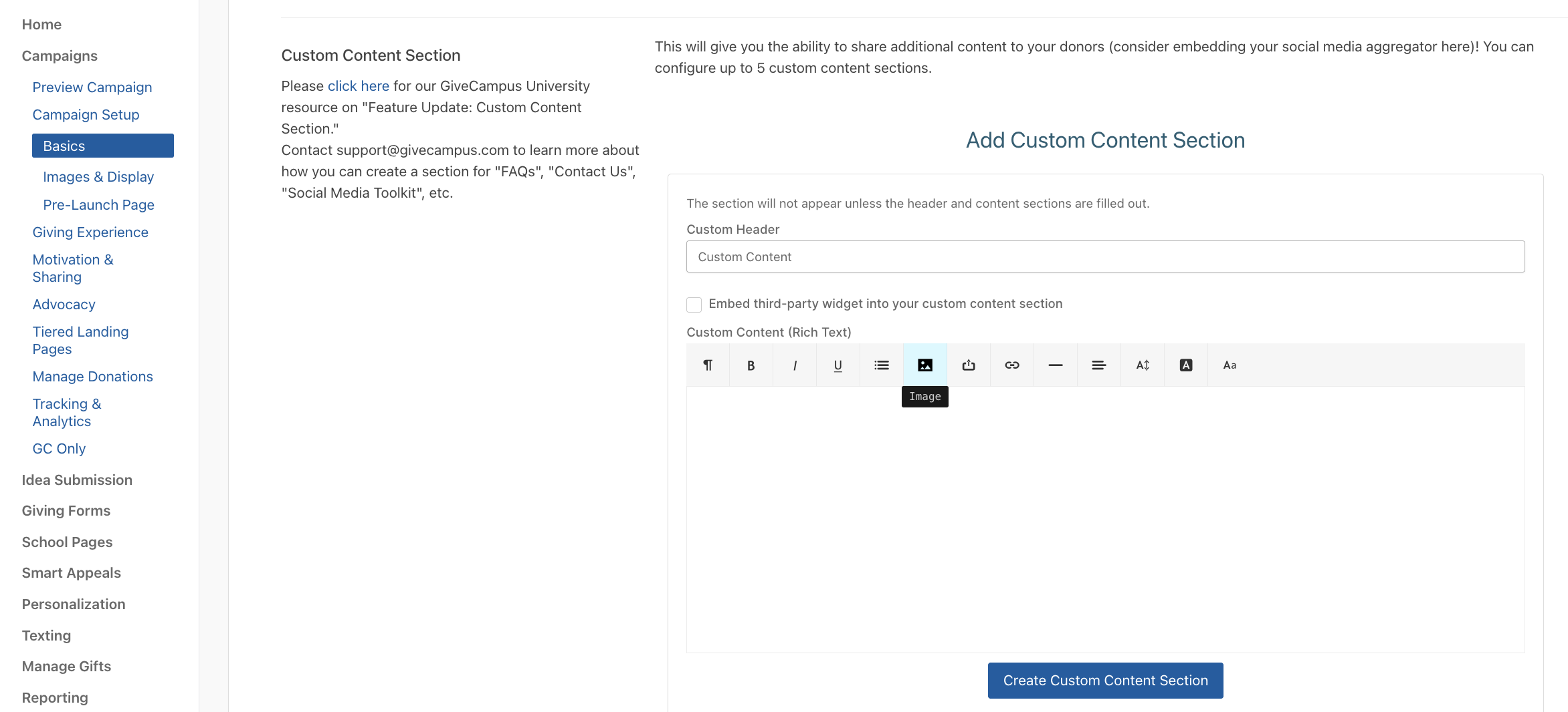 Custom Content Sections – GiveCampus University